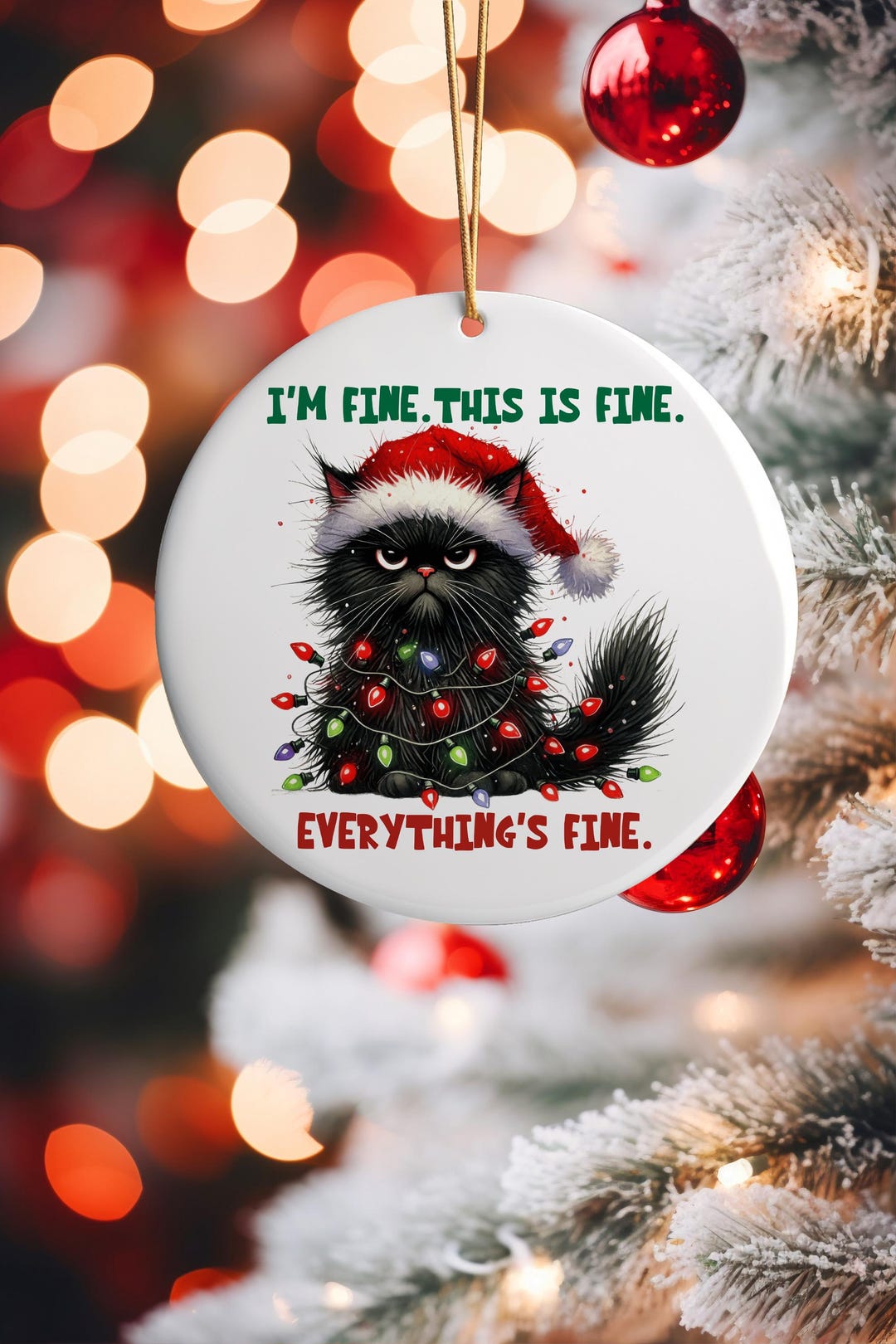Funny Cat Christmas Ornament-black Cat With Lights-i’m Fine Everything ...