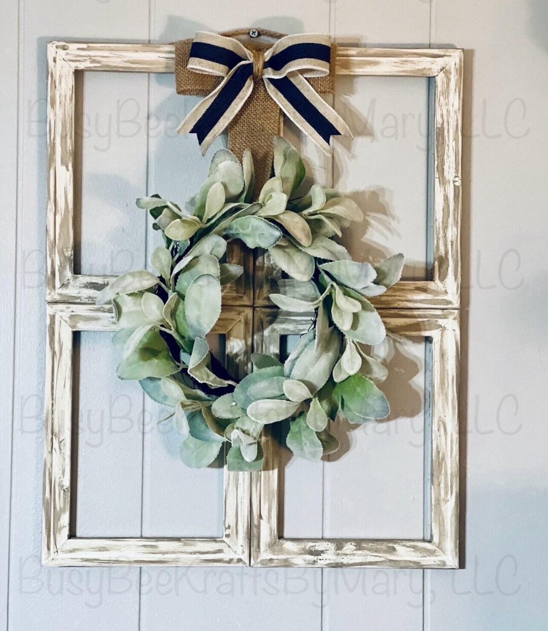 Farmhouse Wooden Frame Decor With Wreath, Antiqued Window Frame ...