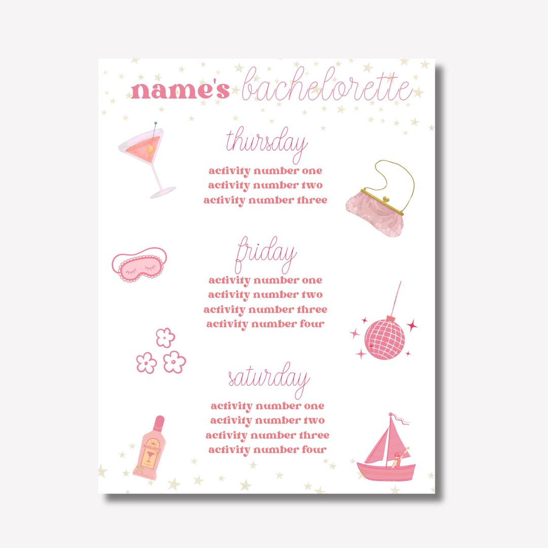 Editable Bachelorette Party Agenda Pink/girly Themed Hen Party ...