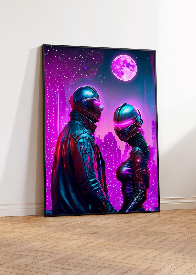 Cyber Punk Couple Futuristic Wall Art, Neon Canvas Motorcycle Helmets ...