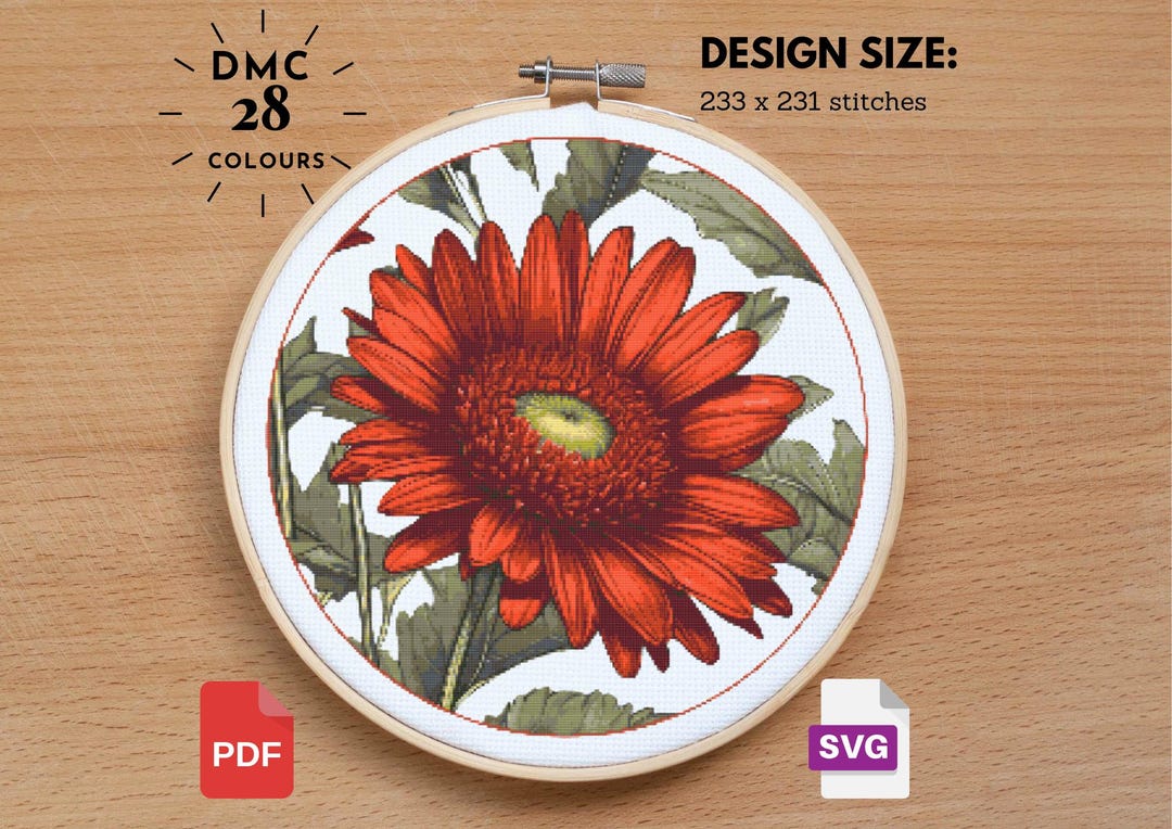 Red Daisy Cross Stitch Daisy Pattern, Flower Pattern, Floral Cross ...