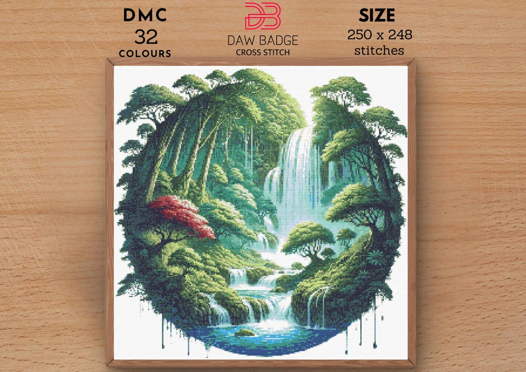 Watercolor Waterfall Cross Stitch Pattern: Spring Lake Landscape (PDF ...