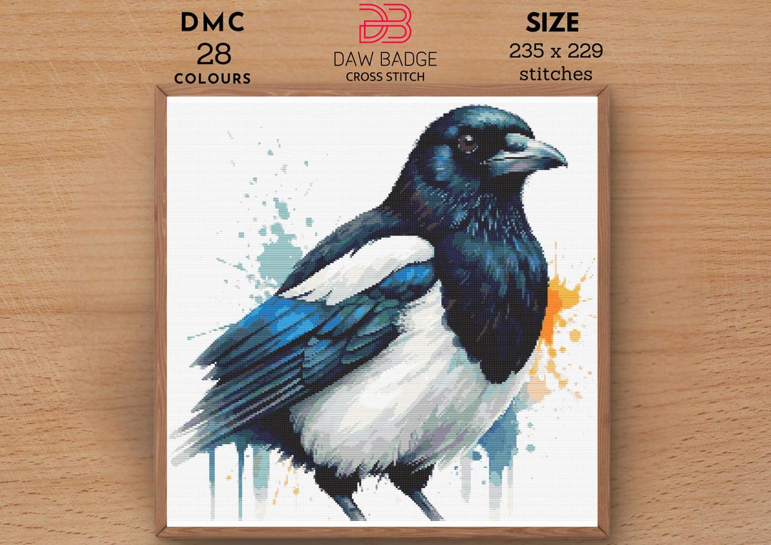 Magpie Bird Cross Stitch Pattern: Watercolor Animal Embroidery (PDF) - Etsy