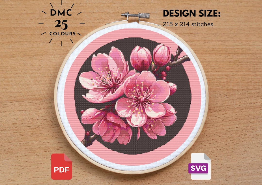 Pink Cherry Blossom Cross Stitch Cherry Blossom Pattern, Flower Pattern ...