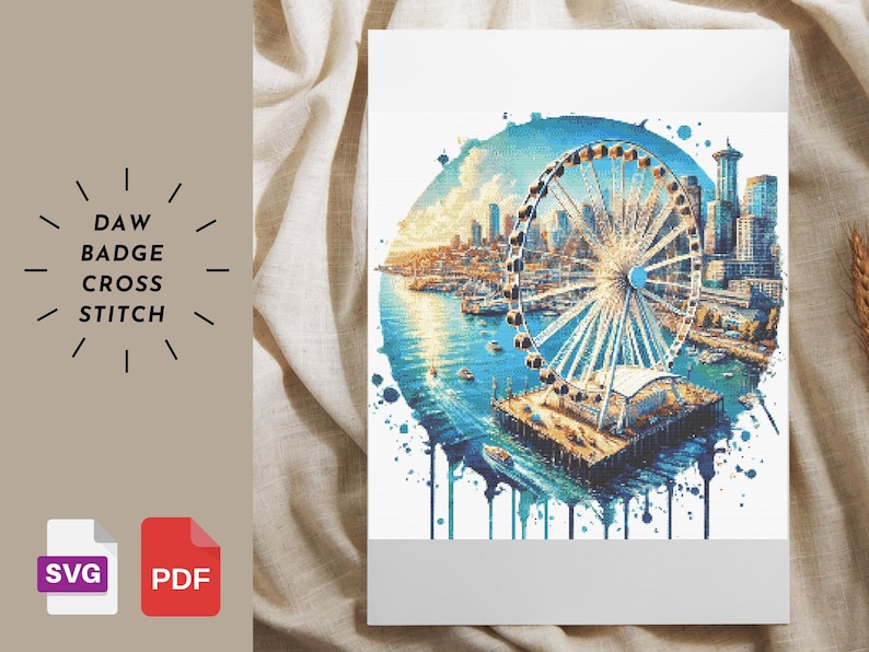 Seattle Wheel Cross Stitch Pattern, Watercolor Cityscape (PDF/SVG) - Etsy