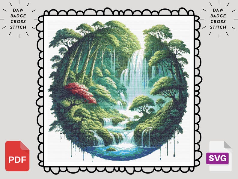 Watercolor Waterfall Cross Stitch Pattern: Spring Lake Landscape (PDF ...