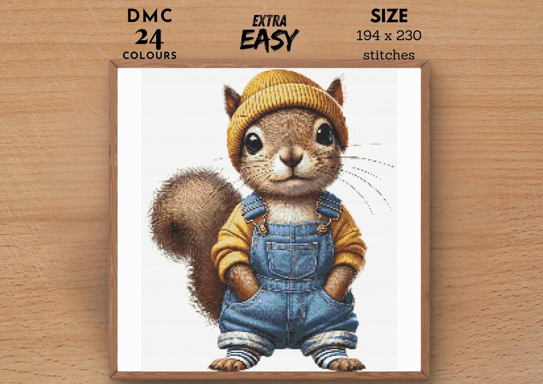 Squirrel in Overalls Cross Stitch Pattern, Easy Animal Embroidery (PDF ...