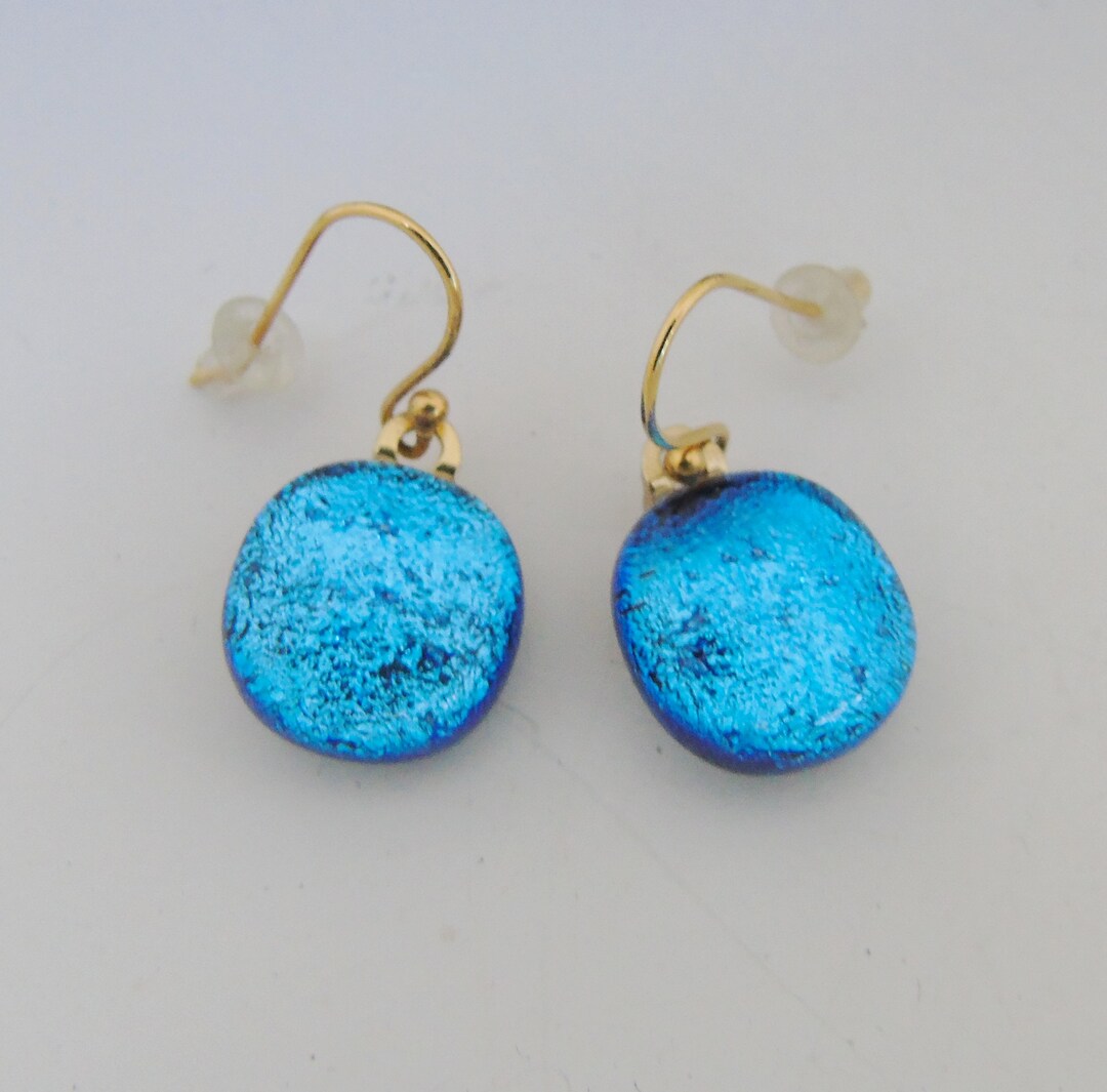 Dichroic Blue Round Earrings Fused Glass - Etsy