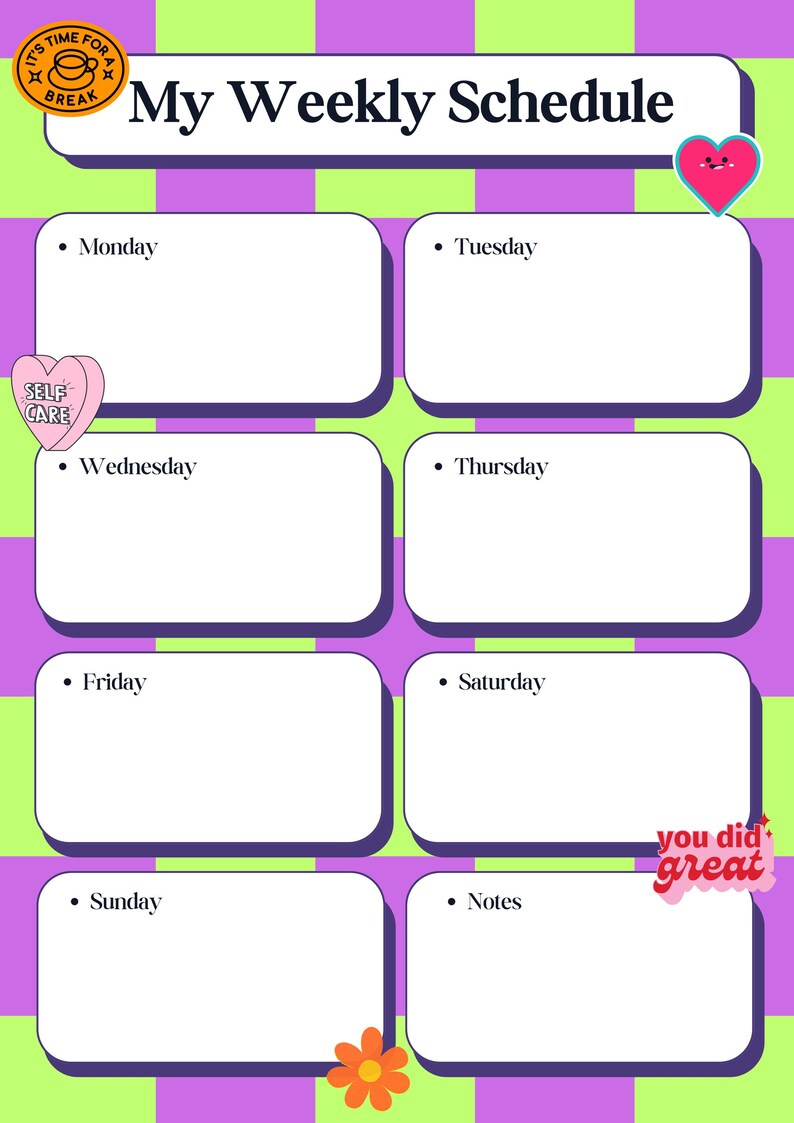 Funky Weekly Schedule Template | Printable Digital Download | Retro ...