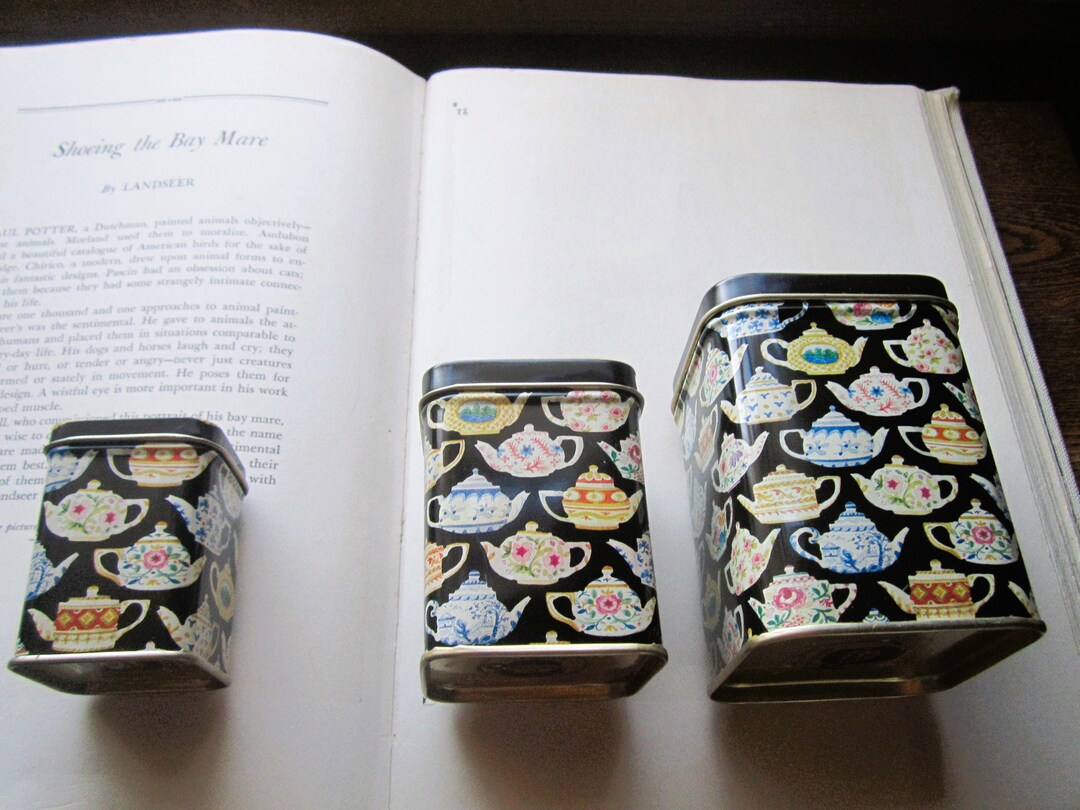 Vintage Tea Themed Tins, Nesting Tin Boxes, Teapot Graphics, Colorful ...