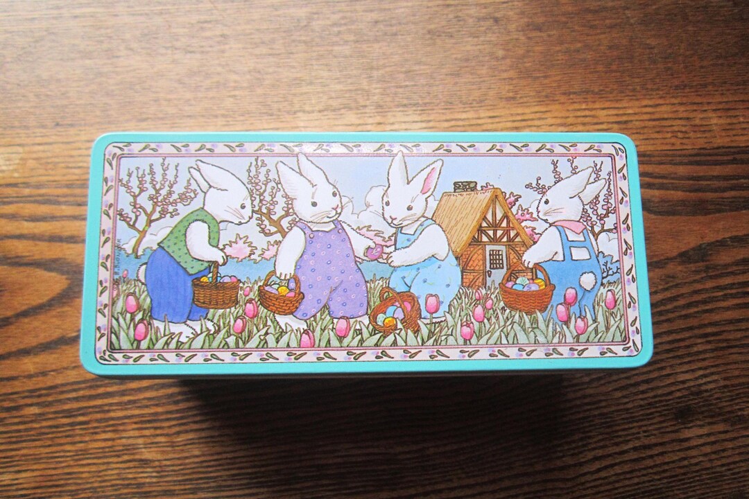 Easter Tin Box, Bunnies Baskets Egg Hunt, Cottage Easter Art, Artist E ...