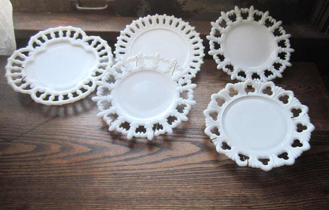 5 Milk Glass Plates W Hardware Attached, Beautiful Vintage Assortment ...