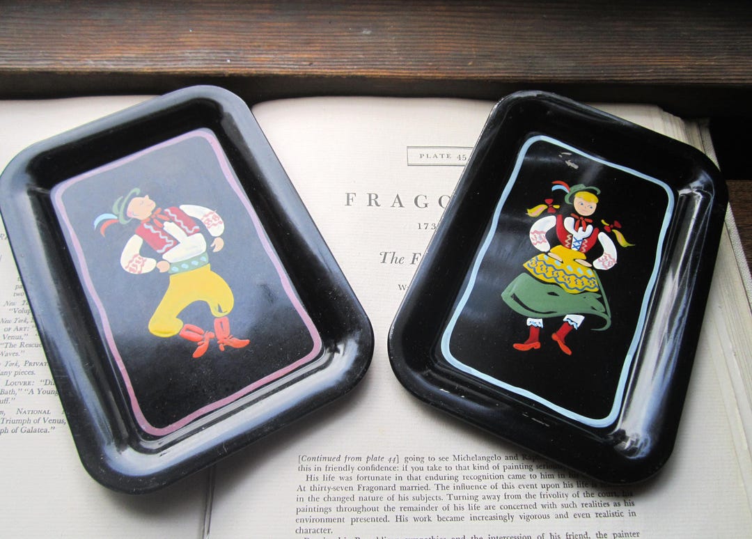 Vintage Folk Art Mini Trays, Dancing Dutch German Couple, Black Metal Display Trays, Authentic ...