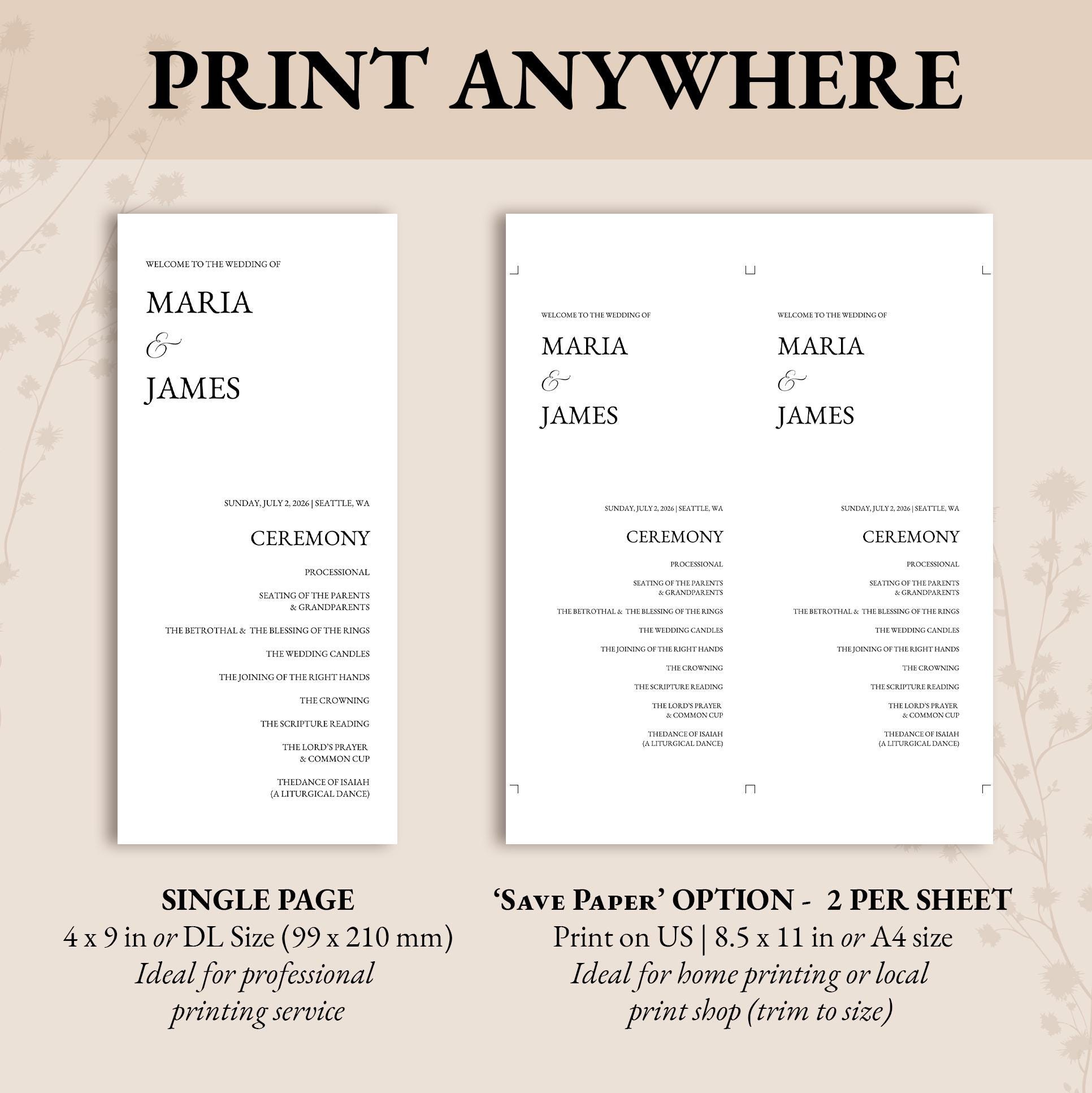 Modern Wedding Program Template, Wedding Ceremony Program Template, Wedding Day Program ...