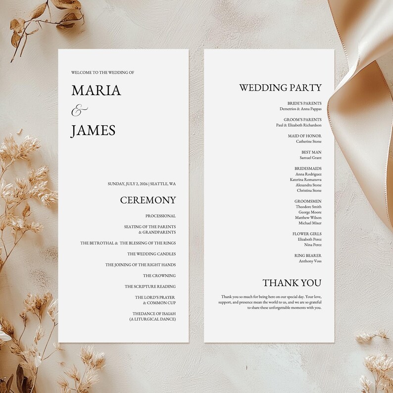 Modern Wedding Program Template, Wedding Ceremony Program Template ...