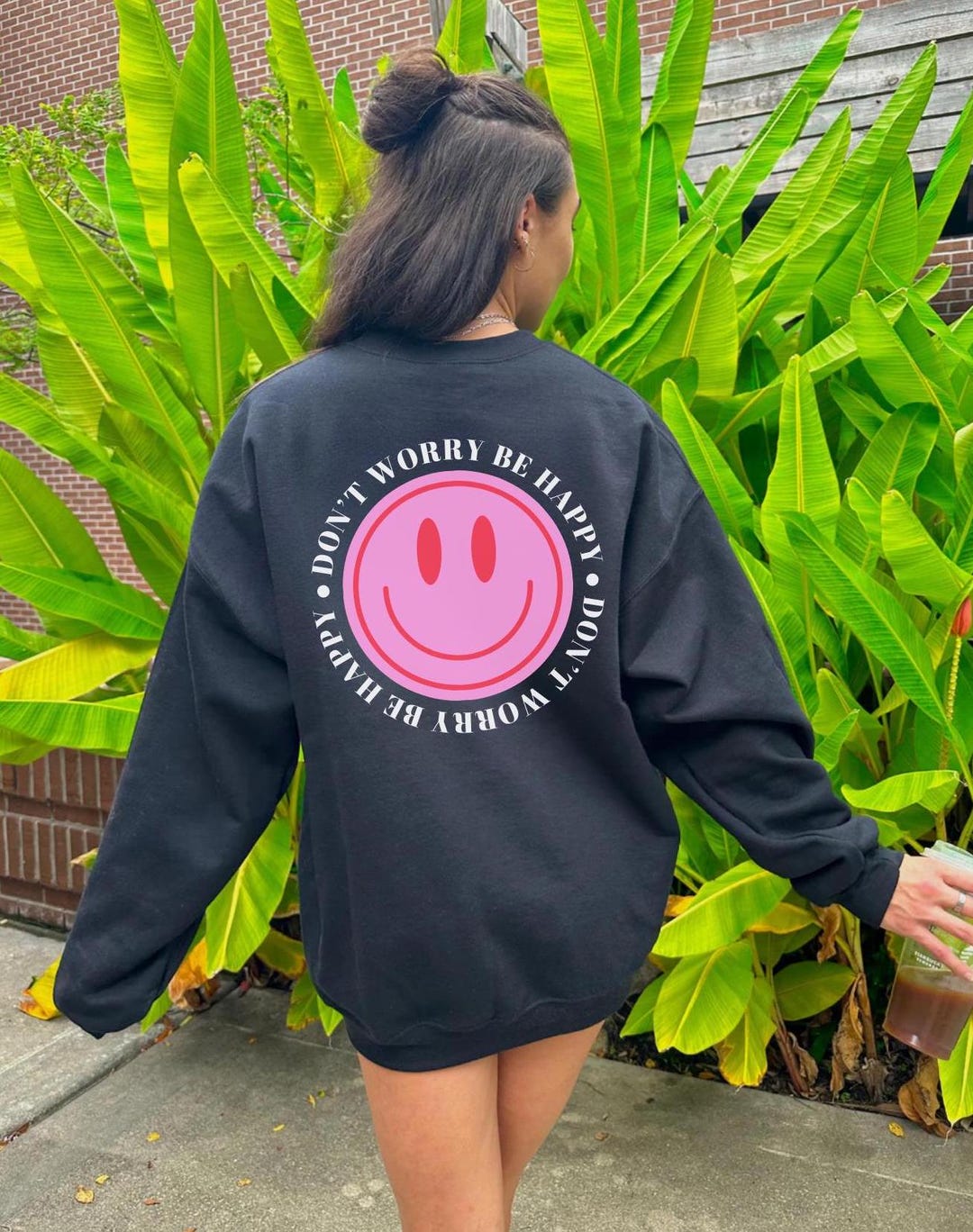 Don't Worry Be Happy Crewneck Sweatshirt Pink Smiley Face Pullover ...