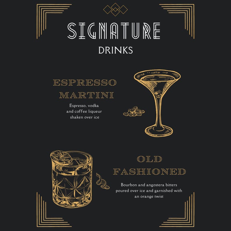 Art Deco Signature Drink Menu Template for Weddings & Events | 8 ...