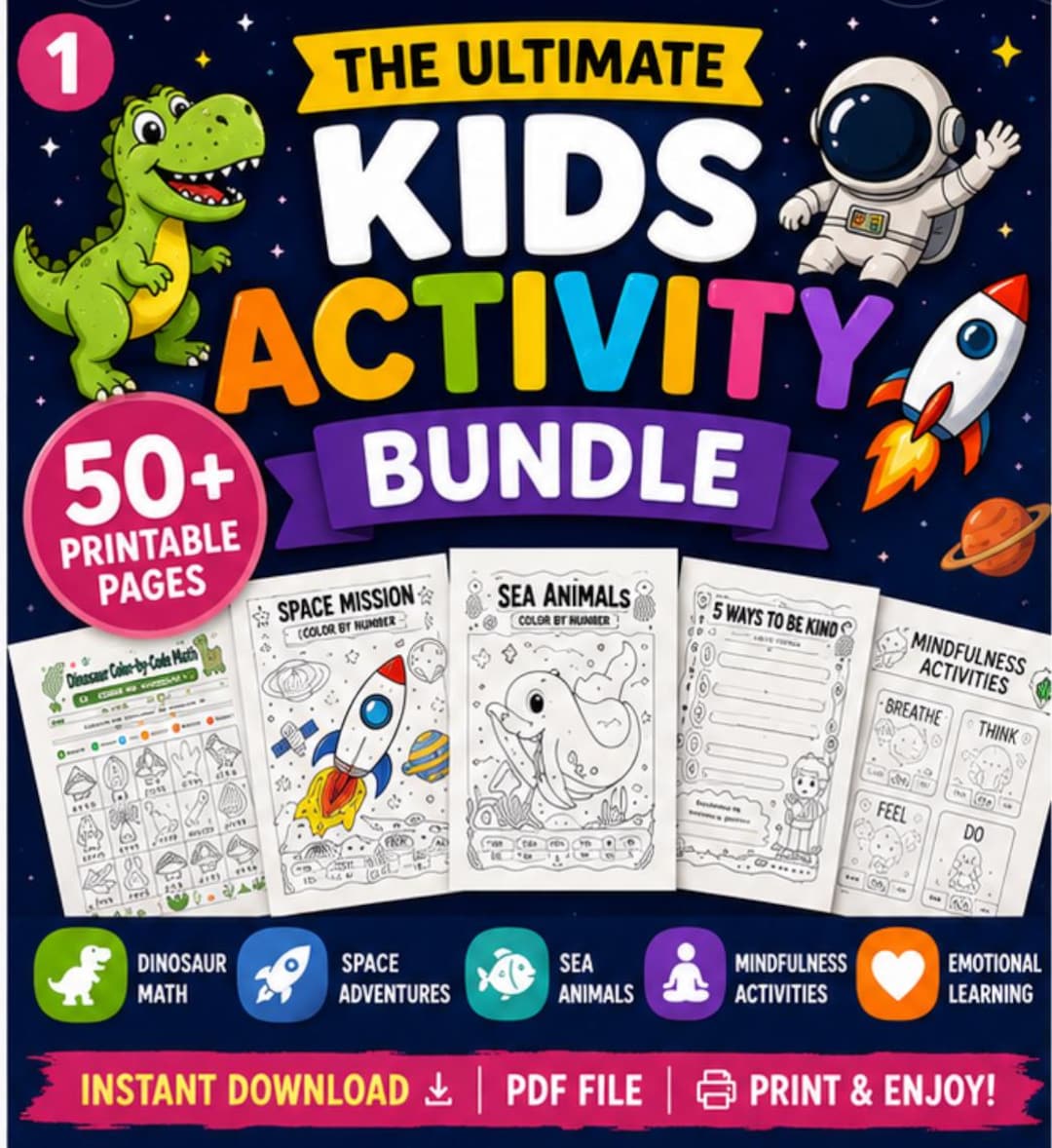 Kids Activity Bundle | Dinosaur Math, Space, Sea Animals, Mindfulness ...
