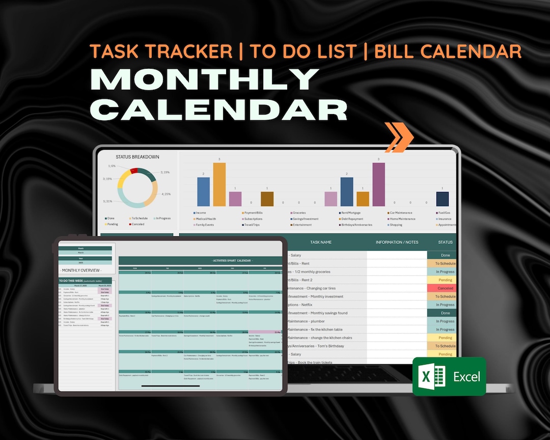 Monthly Calendar Task Tracker Excel Template to Do List Goal Tracker ...