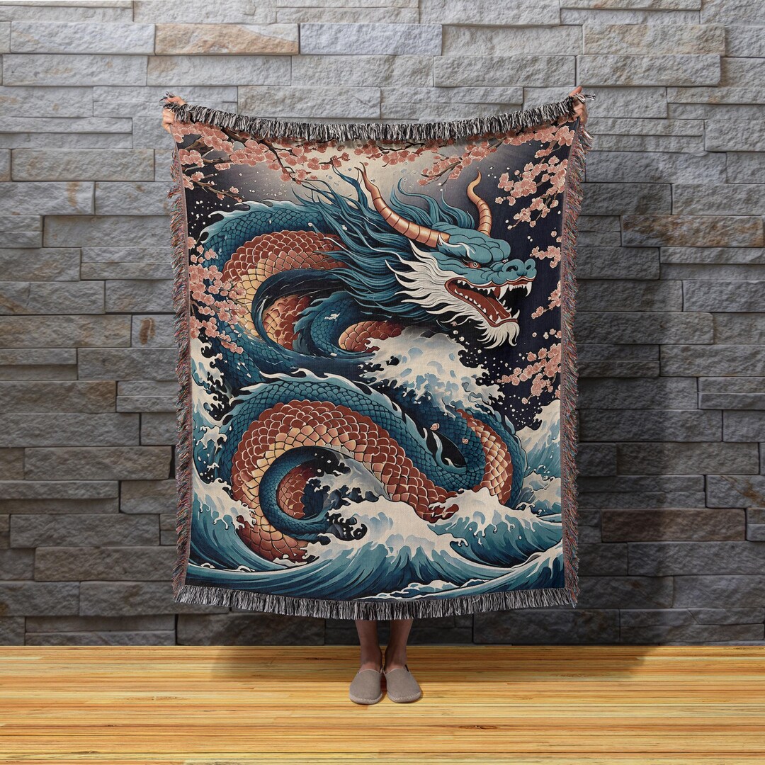Japanese Water Dragon Woven Blanket, Woven Throw, Dragon Tapestry ...
