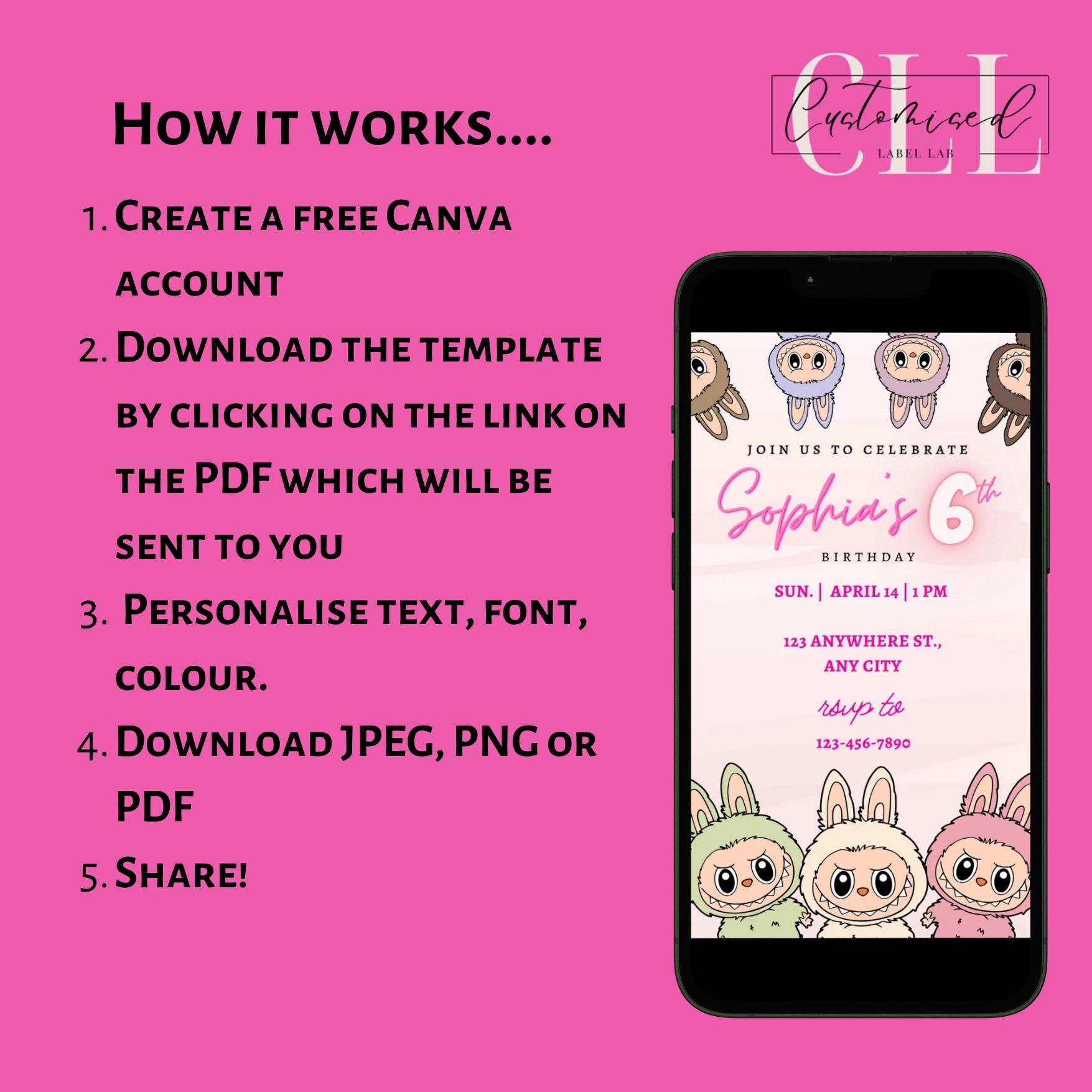 Labubu Birthday Invitation, Labubu Editable Template, Labubu Birthday ...