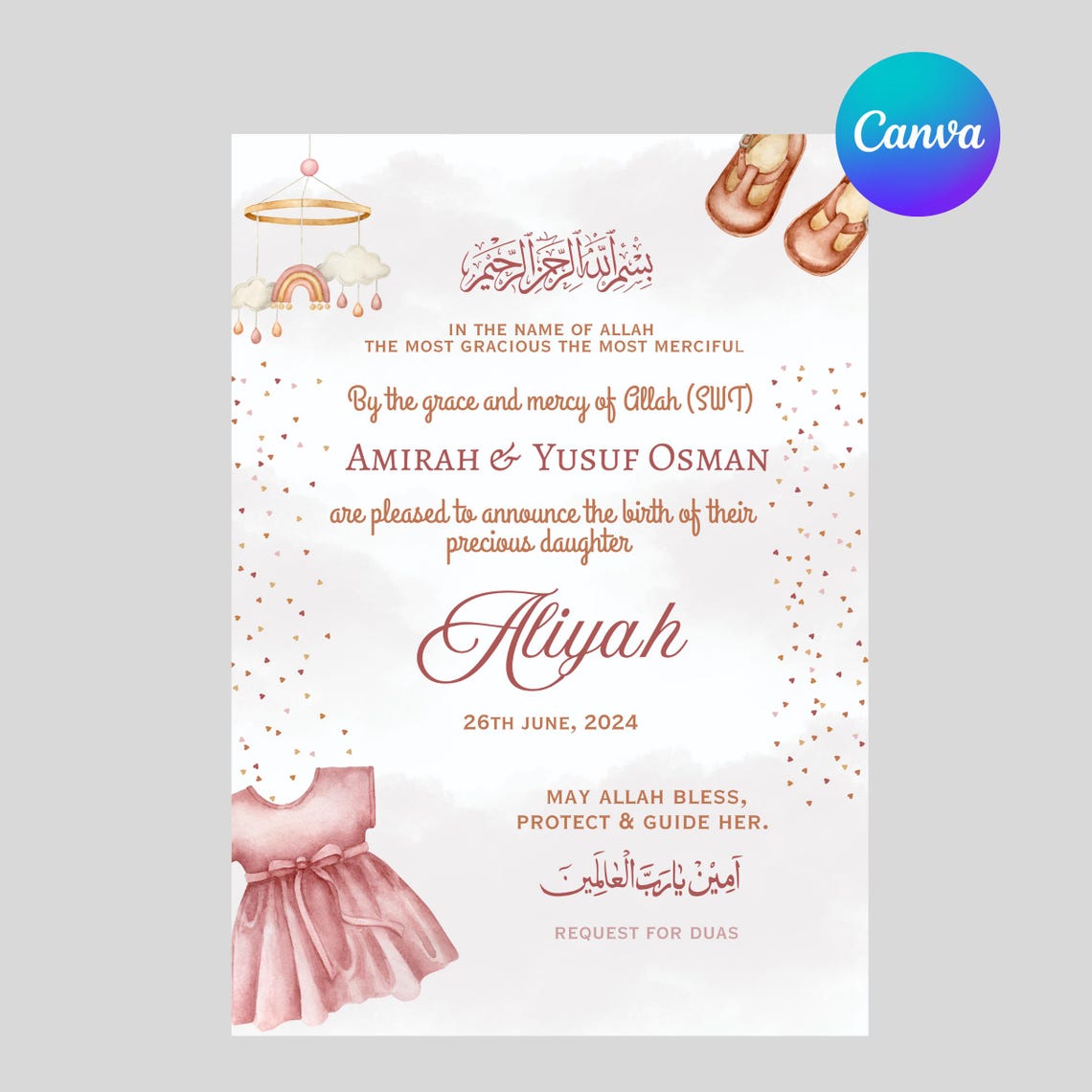 Baby Girl Digital Islamic Birth Announcement | Baby Girl Pink Birth ...
