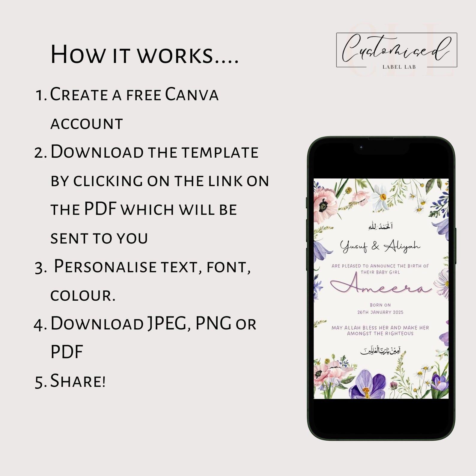 EDITABLE Islamic Birth Announcement Canva Template 5x7 Instant Download ...