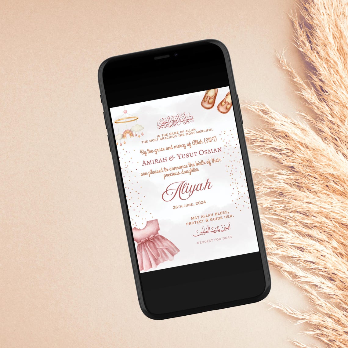 Baby Girl Digital Islamic Birth Announcement | Baby Girl Pink Birth ...