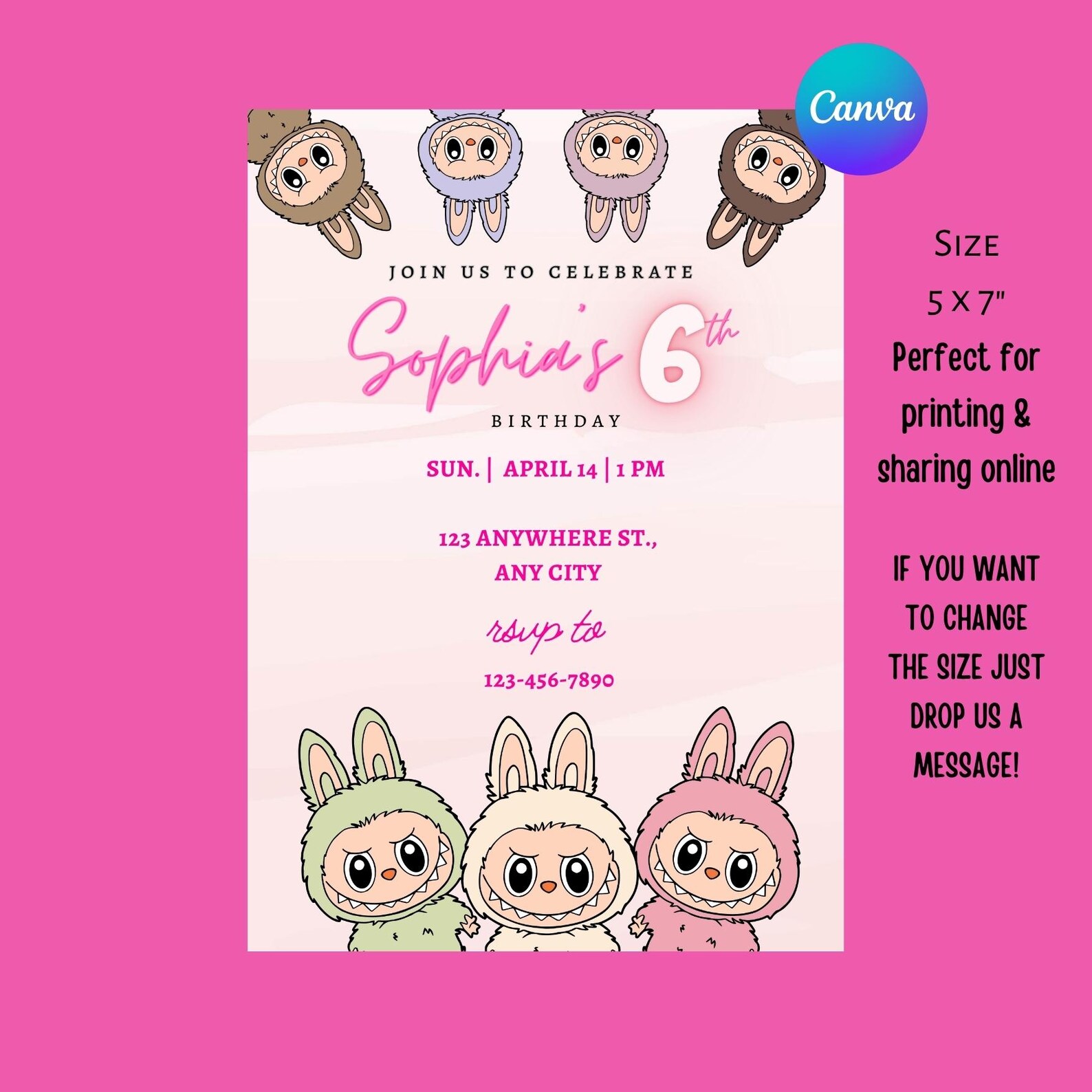 Labubu Birthday Invitation, Labubu Editable Template, Labubu Birthday ...