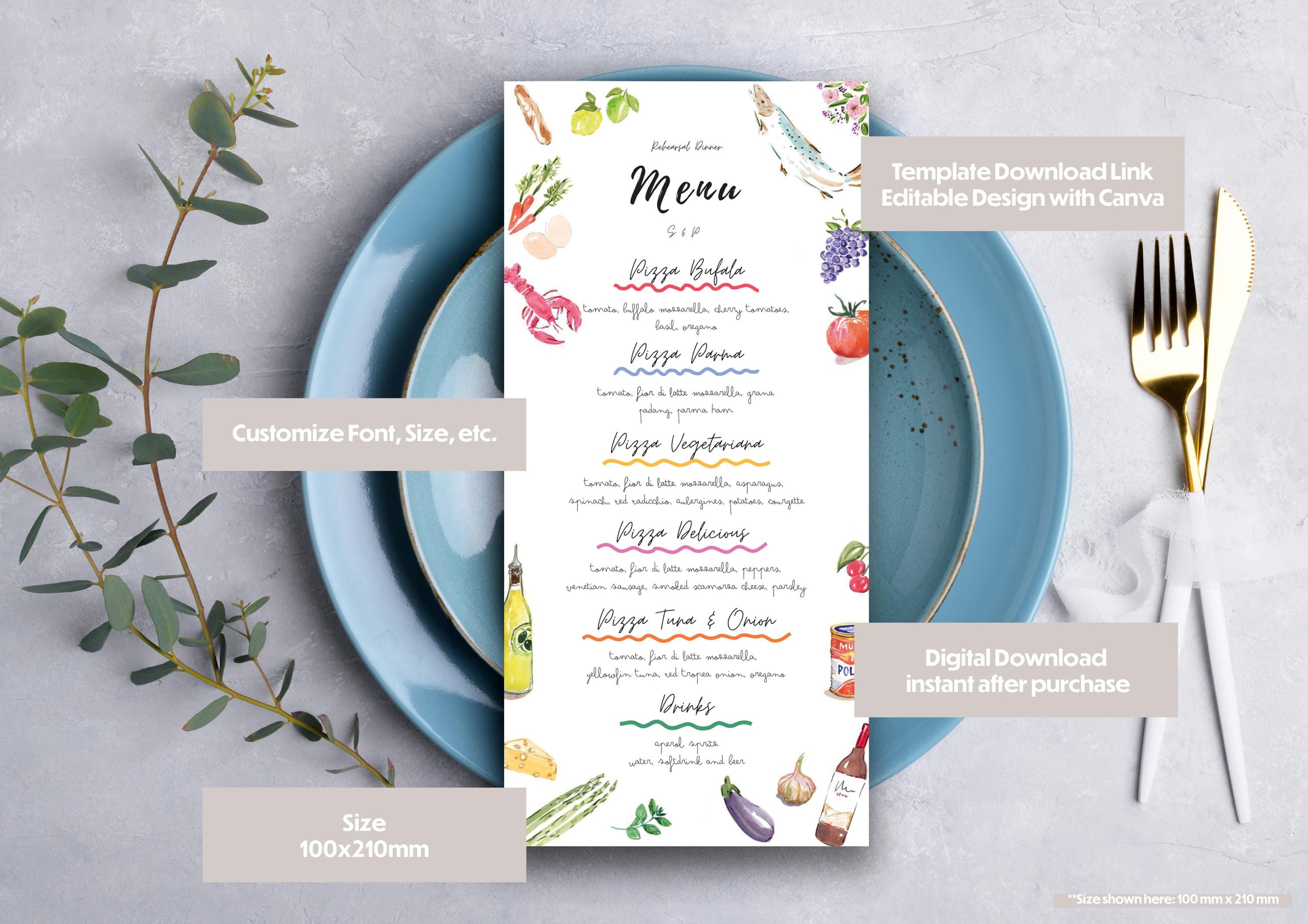 Editable Pizza Party Menu Rehearsal Dinner Wedding Dinner Template ...
