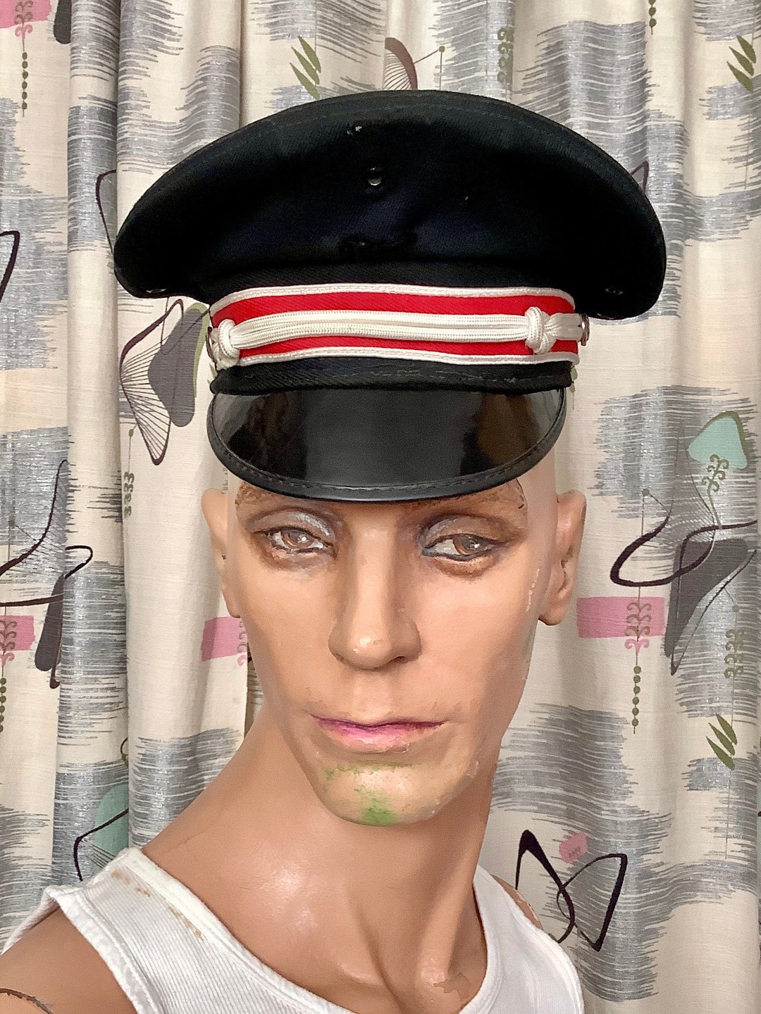 Vintage Peak Cap - Military/band/costume - Black W/red Band & White ...