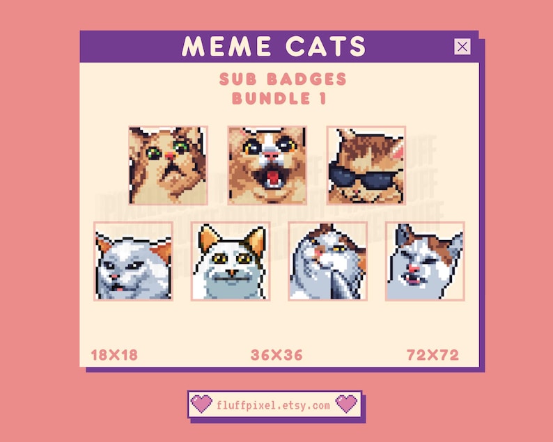 Retro Pixel Art Meme Cat Sub Badges Bundle - Twitch Youtube Discord ...