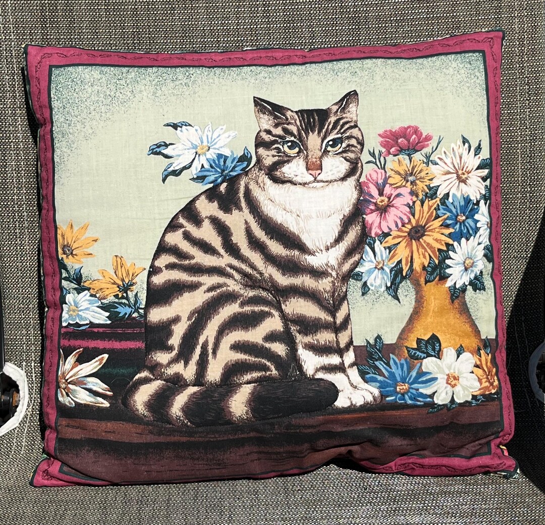 Hand Made Vintage Tabby Cat Pillow Reversible Zip off Cover Cotton ...