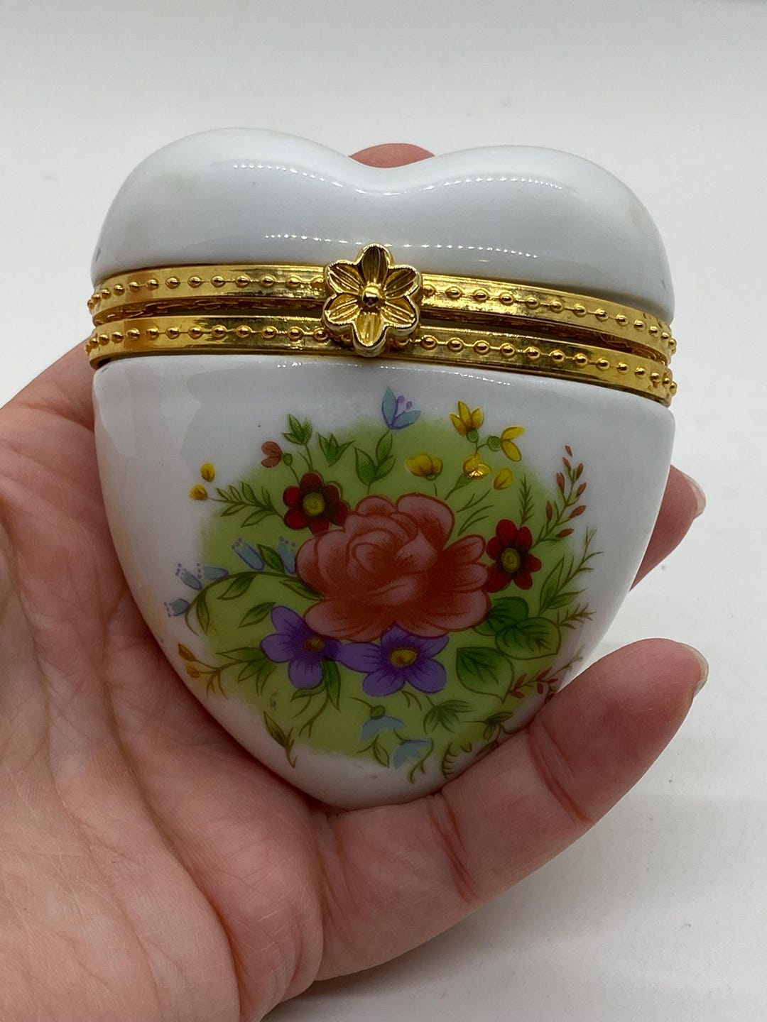 Vintage Porcelain Heart Hinged Trinket Box Gold Trim Roses - Etsy