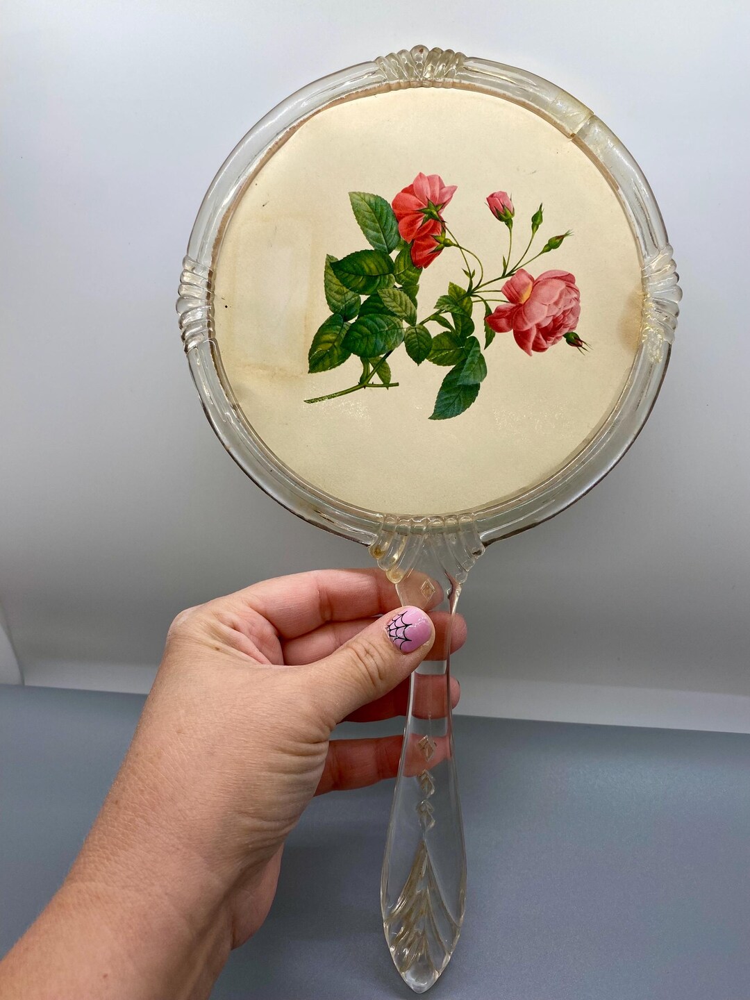 Vintage Acrylic Lucite Clear Hand Mirror With Floral Insert FREE ...