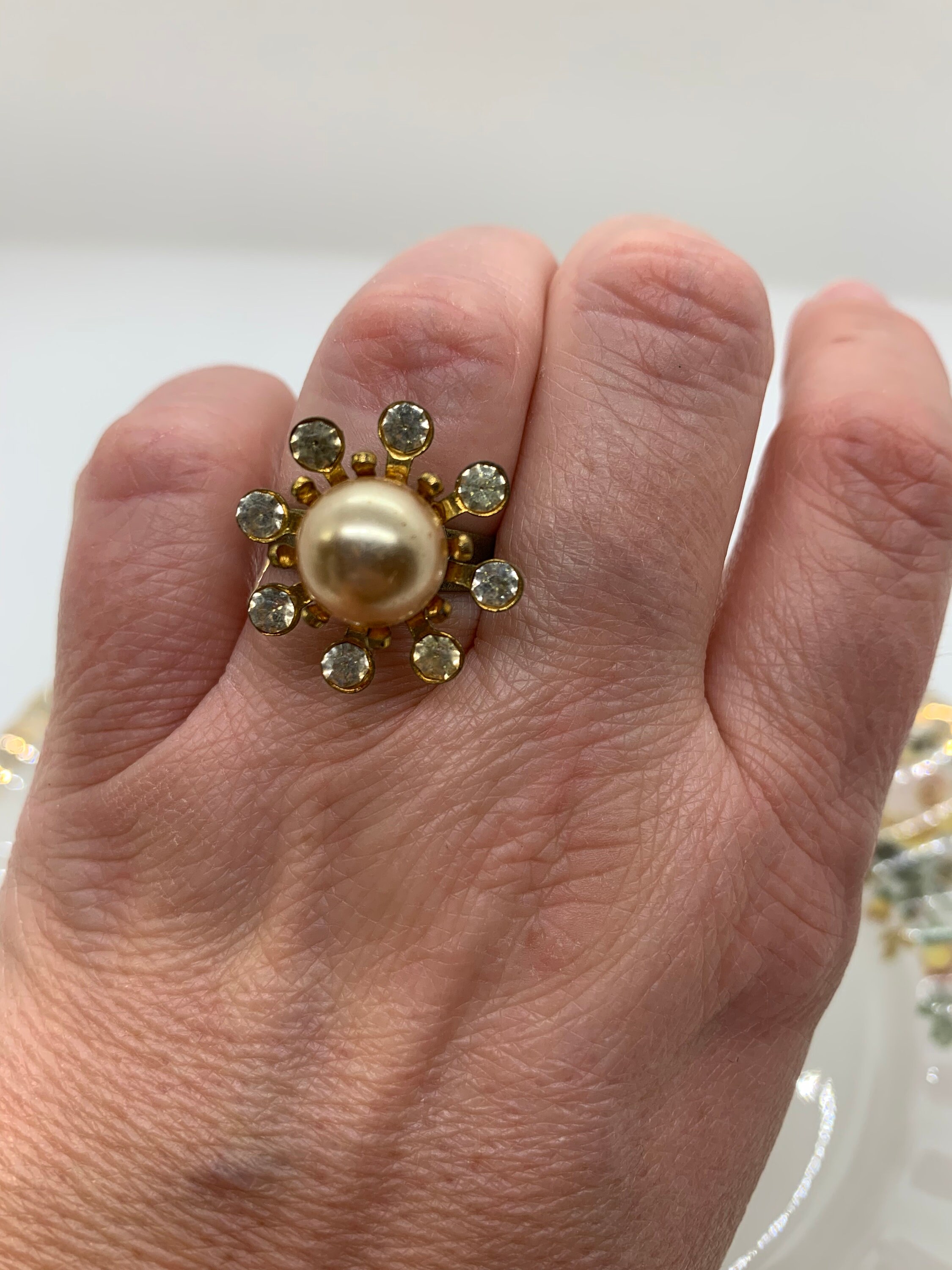 Vintage Repurposed Flower Rhinestone Pearl Ring Adjustable - Etsy