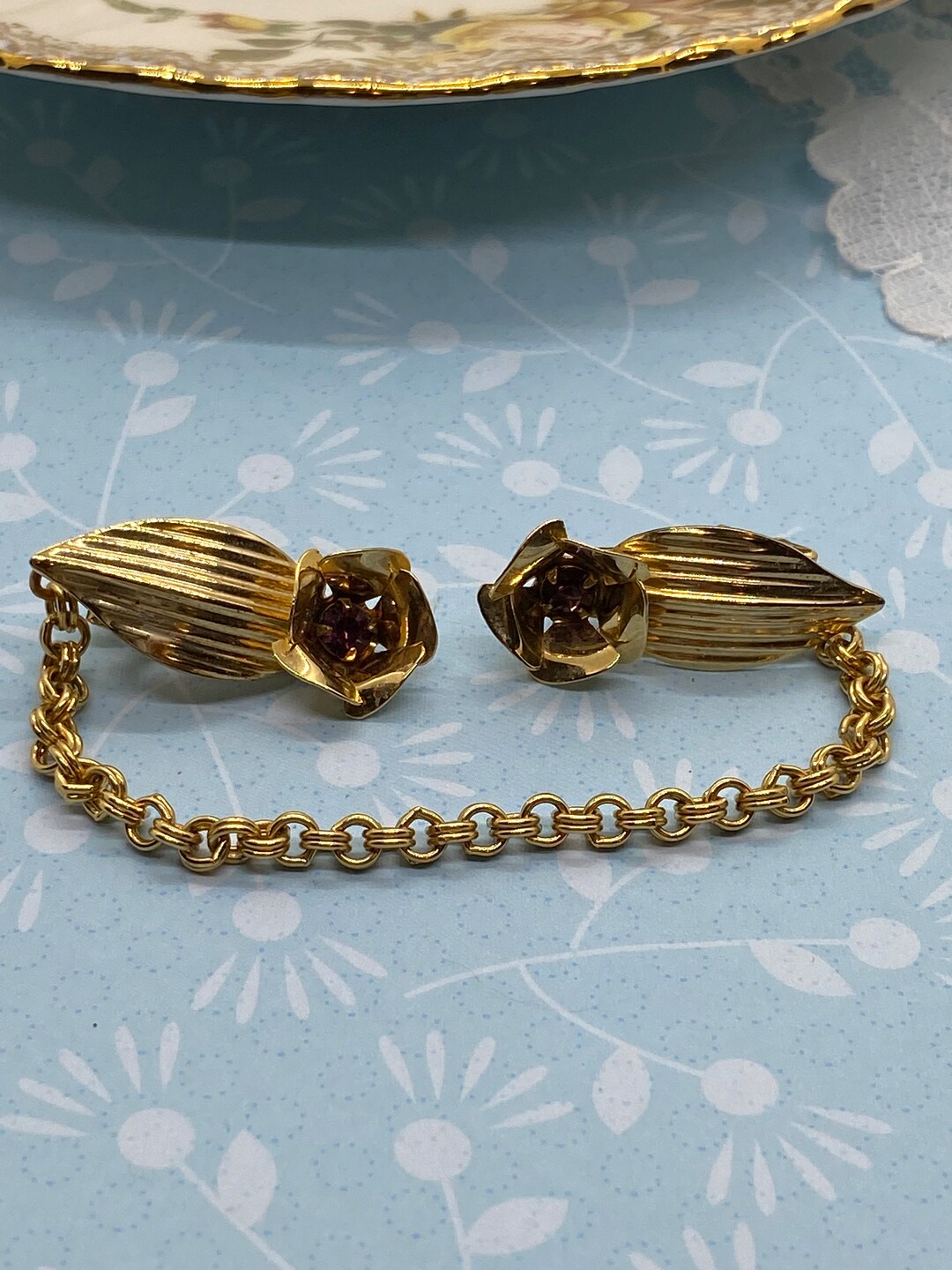 Vintage Sweater Guard Clip Purple Rhinestone Amethyst Gold Flower - Etsy