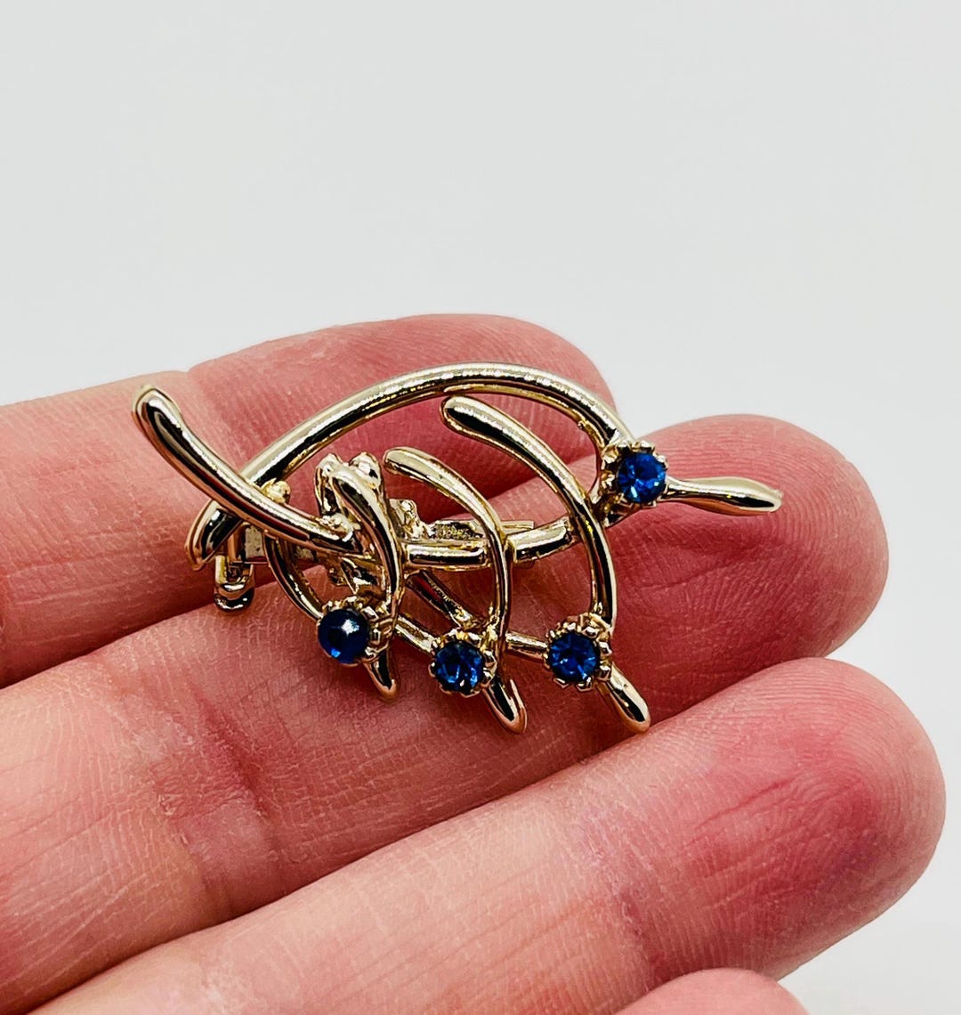 Vintage Wishbone Brooch Gold Tone With Blue Rhinestones - Etsy