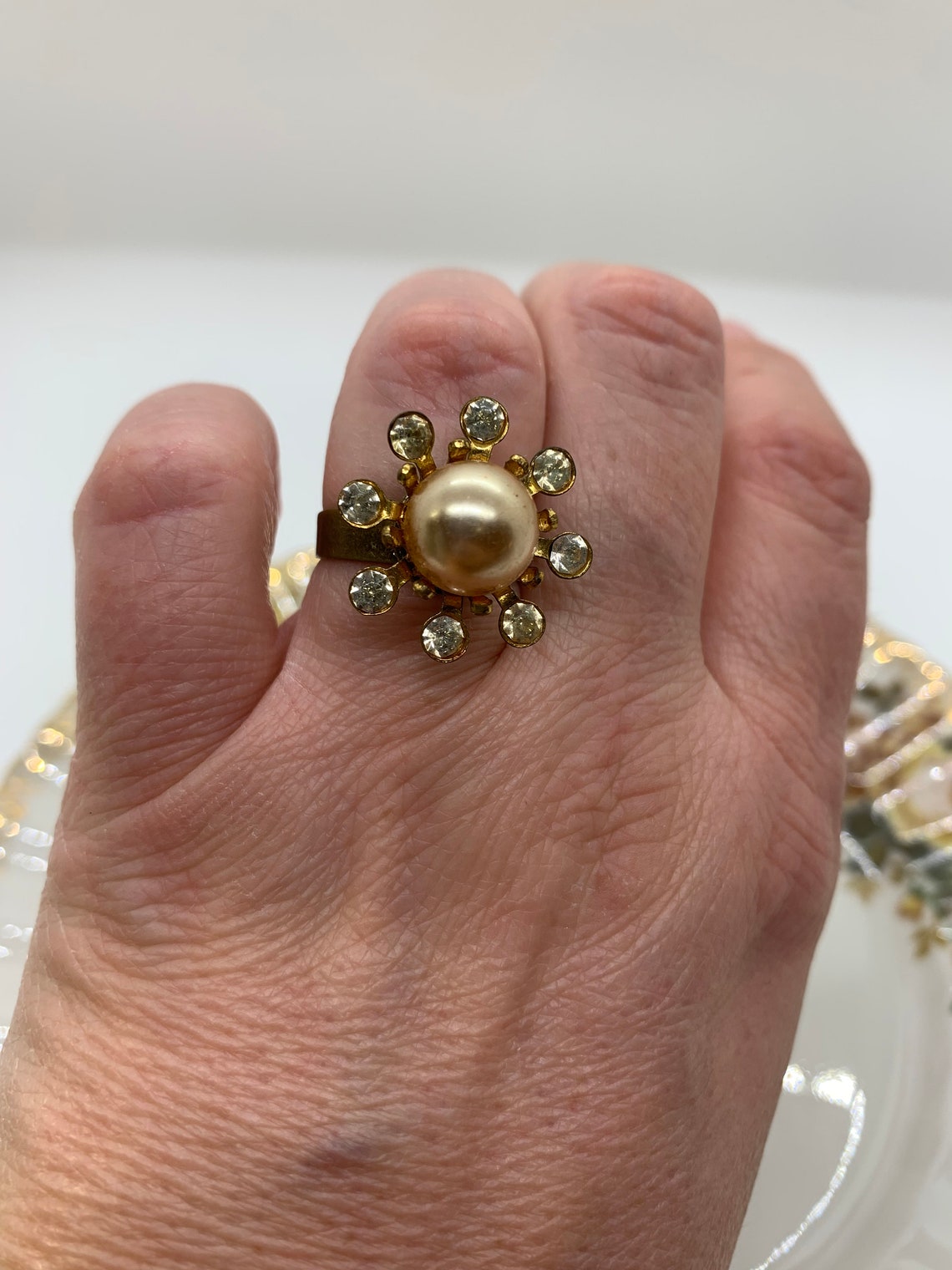 Vintage Repurposed Flower Rhinestone Pearl Ring Adjustable - Etsy