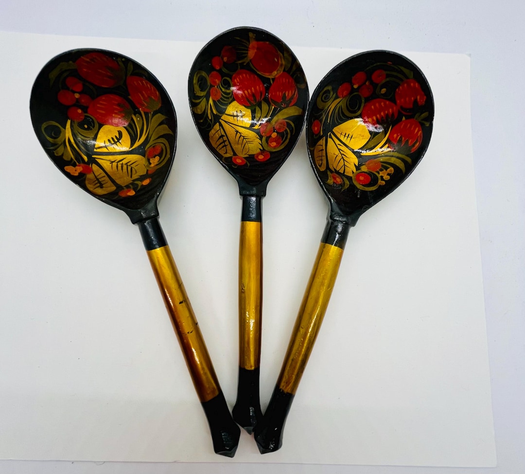 Vintage Russian Laquered Hand Painted Wooden Spoons Khokhloma - Etsy