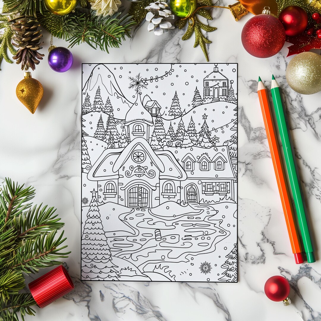 Winter House Coloring Page Printable Winter Scene Coloring Sheet Snowy ...