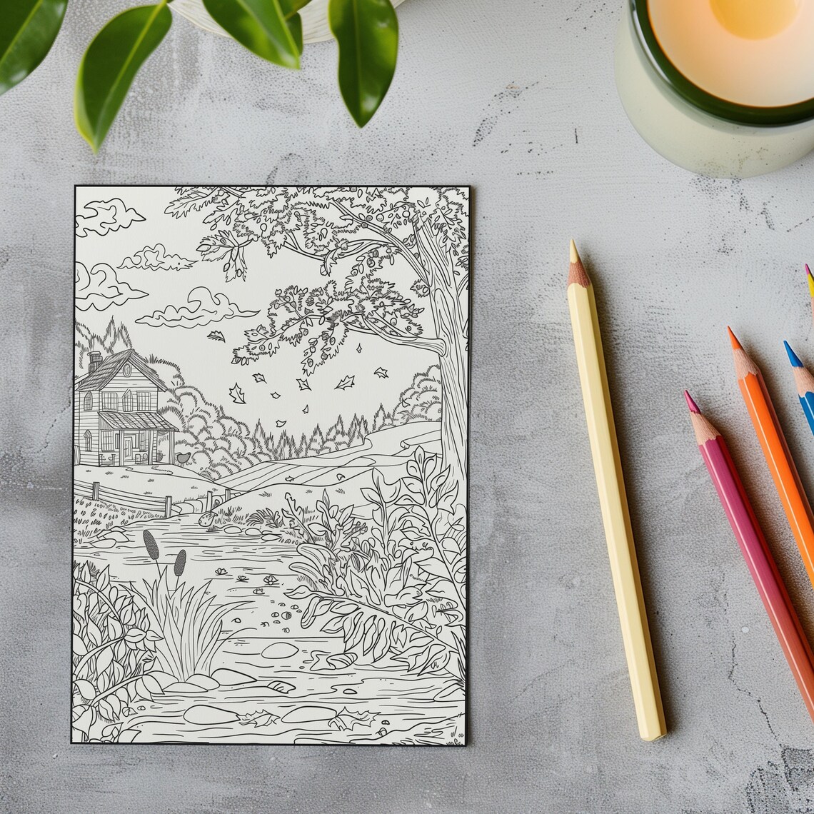 Fall Coloring Page Printable Fall Coloring Sheet Autumn Landscape ...