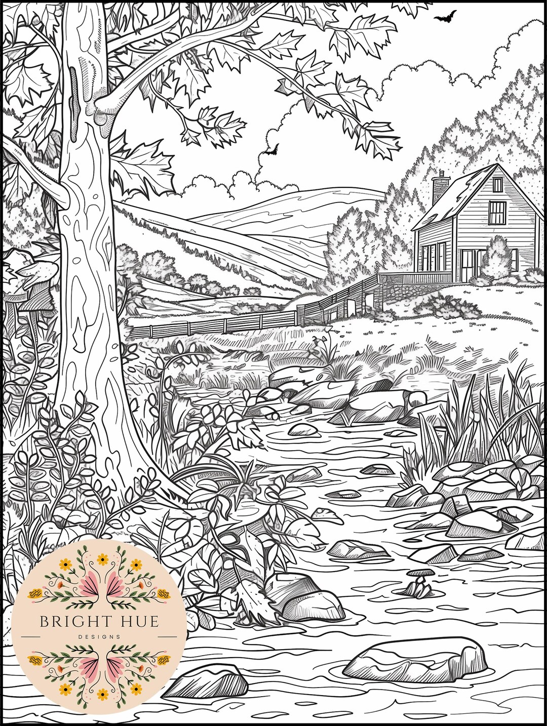 Easy-to-color Fall Scene Printable Fall Coloring Sheet Autumn Landscape ...