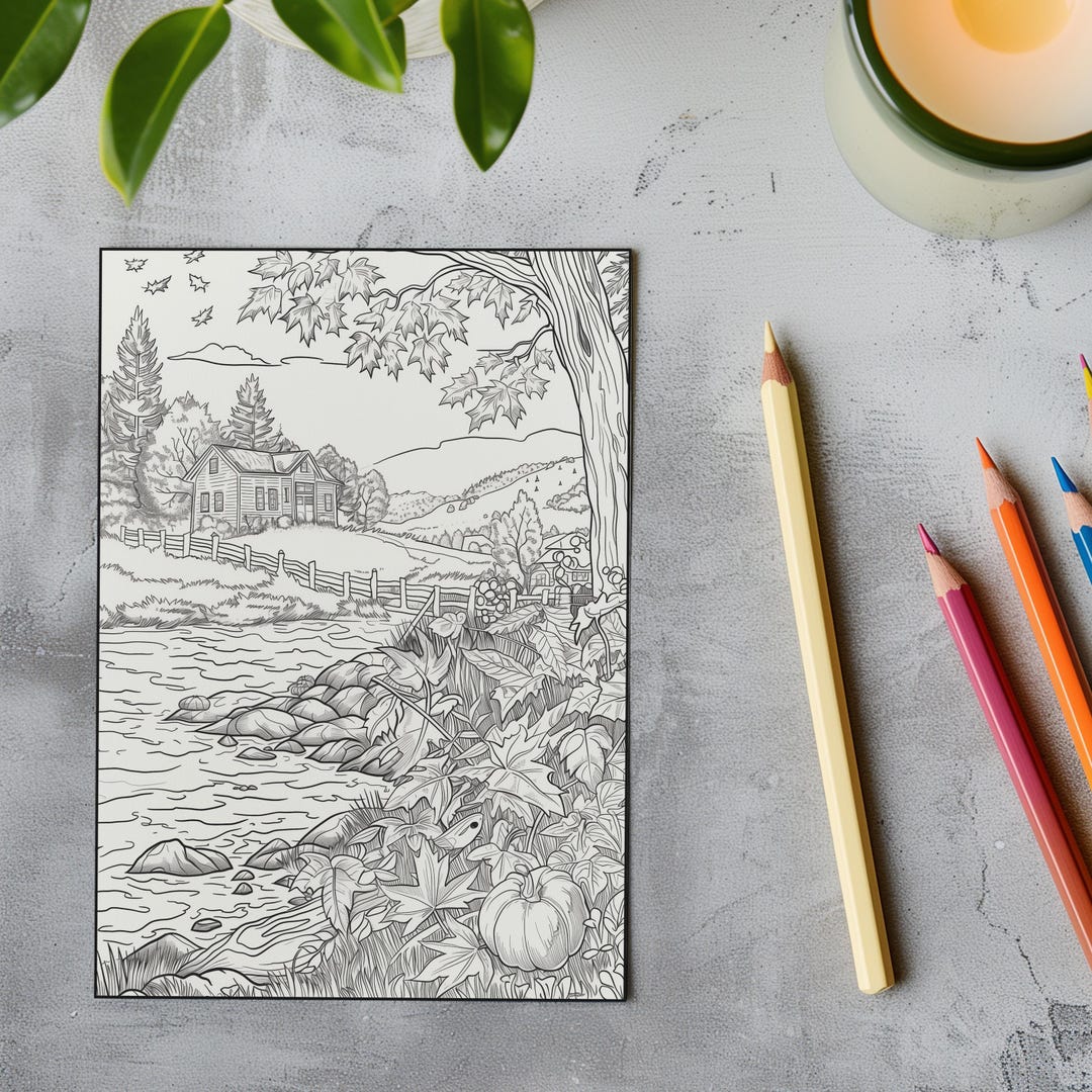 Fall Scene Coloring Page Printable Fall Coloring Sheet Autumn Landscape ...