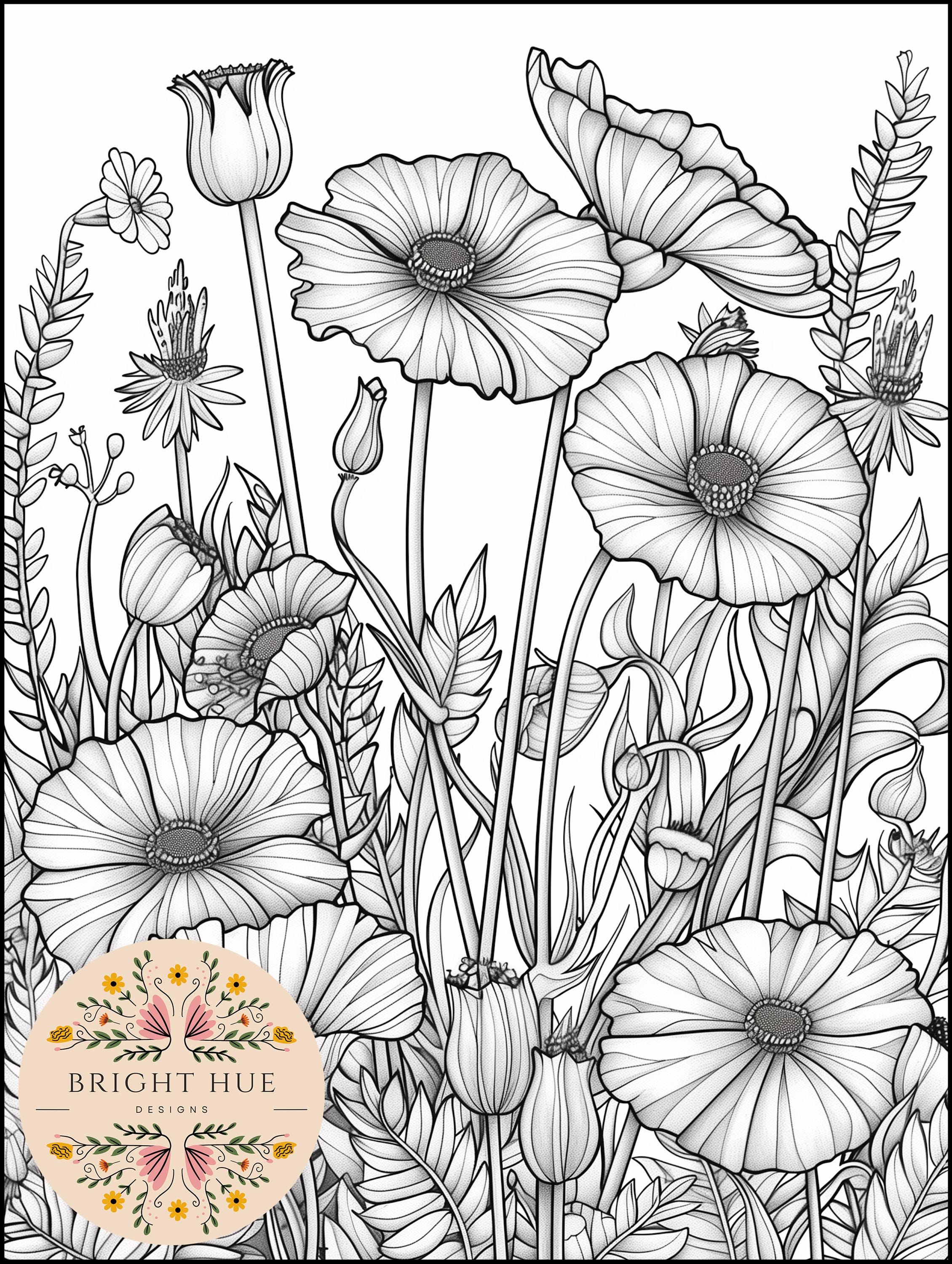 Whimsical Flowers Coloring Page Printable Fun Art - Etsy