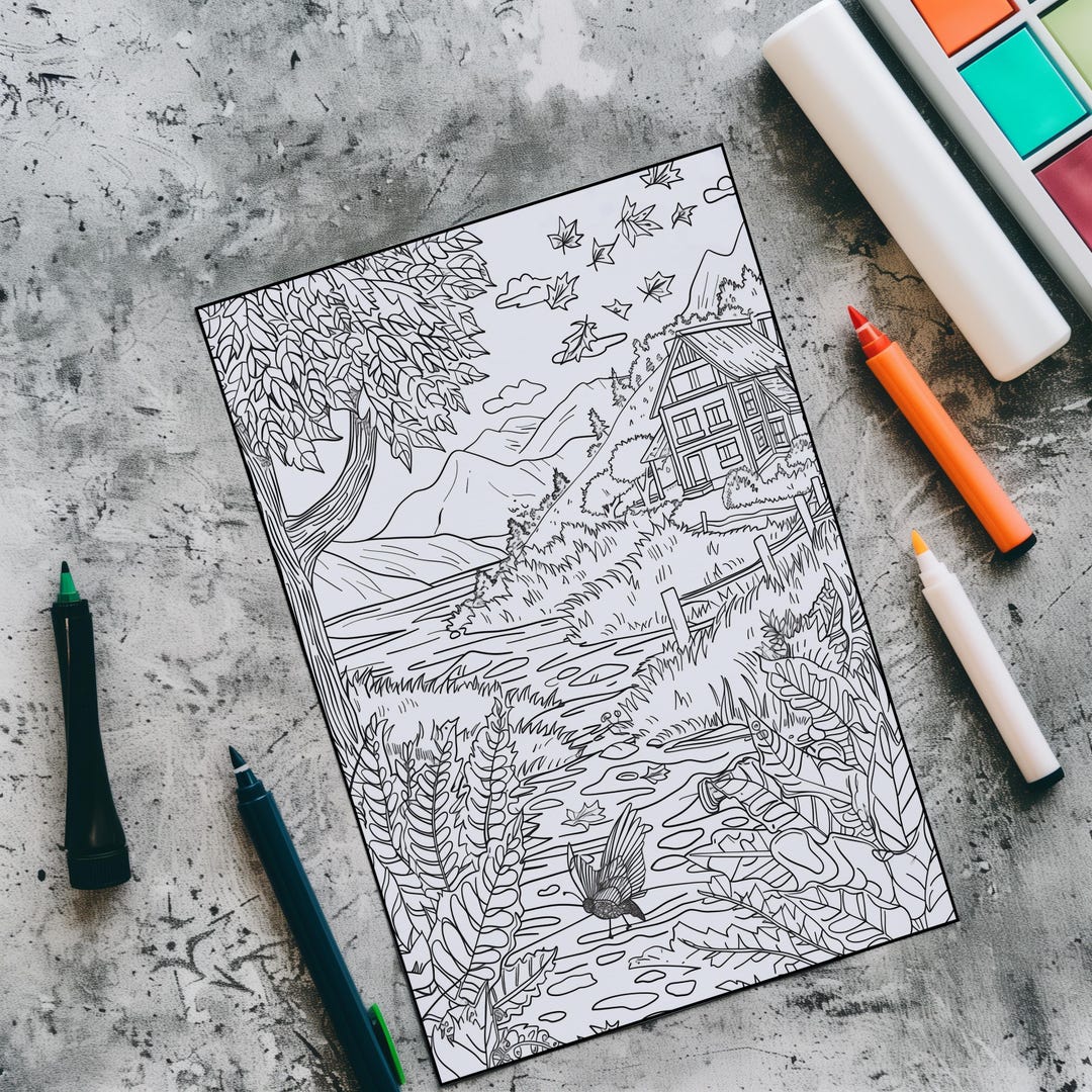 Autumn Coloring Page Printable Fall Coloring Sheet Autumn Landscape ...