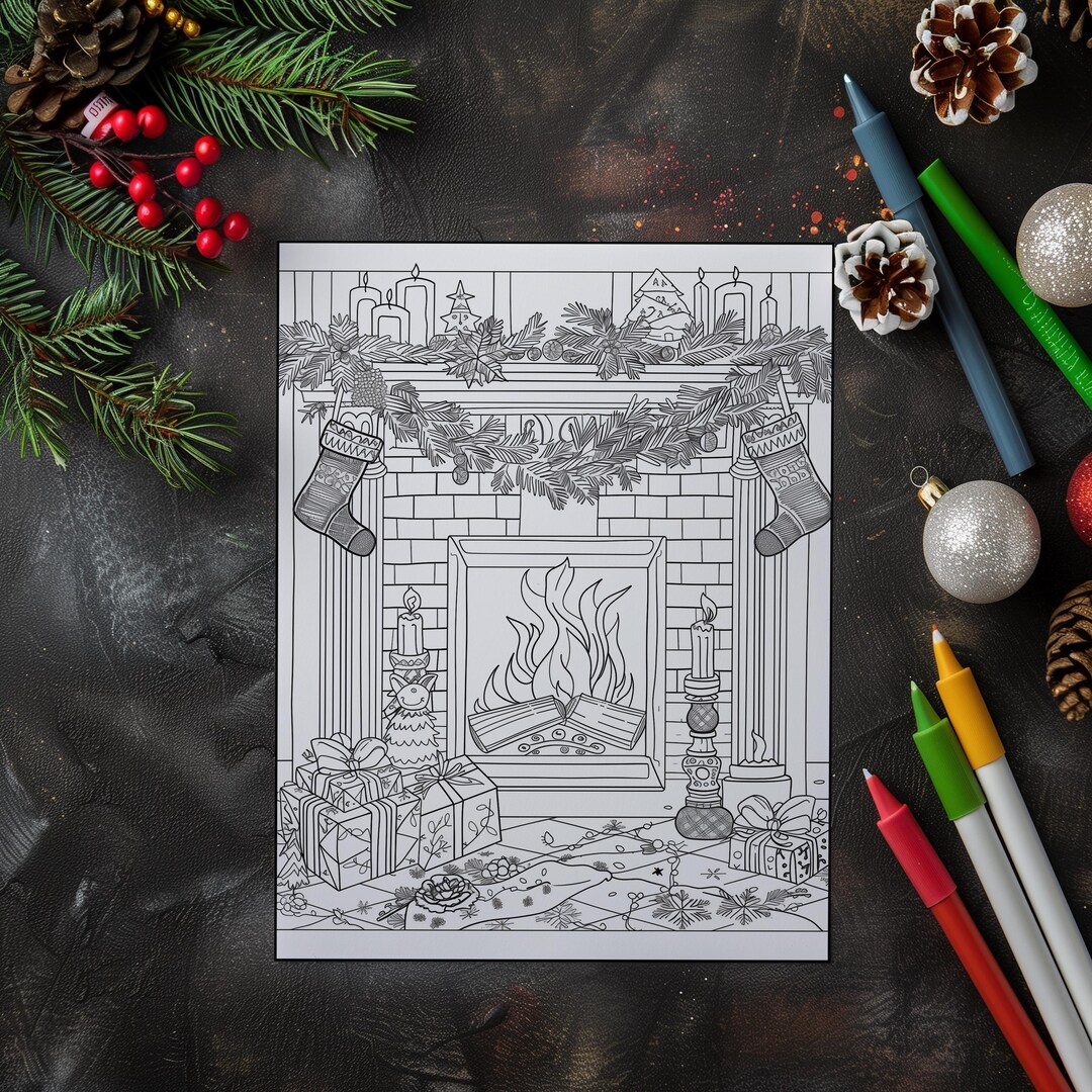 Cozy Fireplace Coloring Page Winter Fireplace Coloring Sheet Printable ...