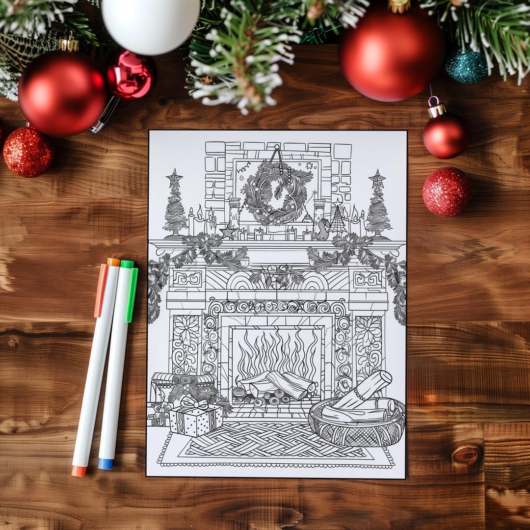Holiday Fireplace Coloring Sheet Cozy Fireplace Coloring Page Winter ...