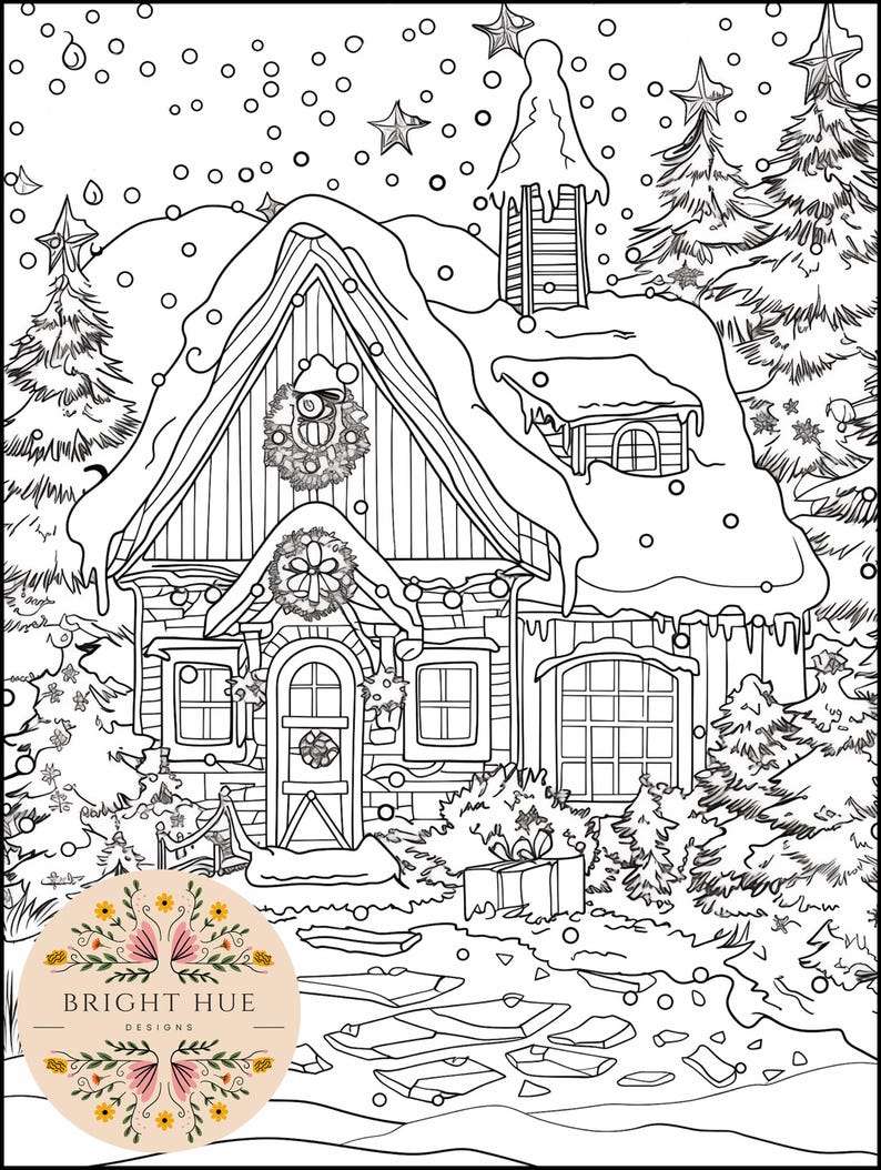 Printable Winter Scene Coloring Sheet Snowy House Coloring Page Cozy ...