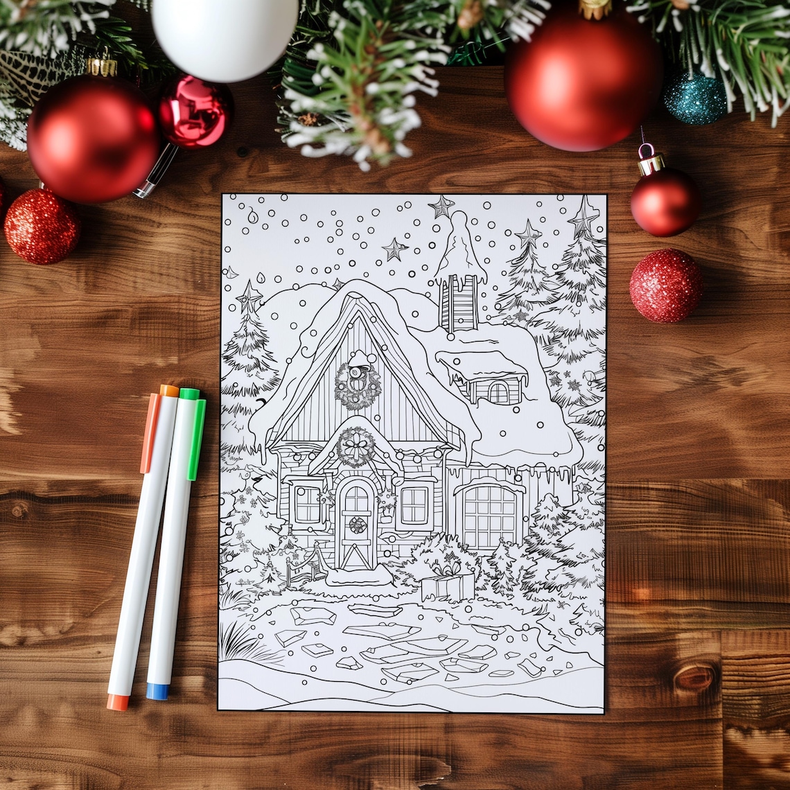 Printable Winter Scene Coloring Sheet Snowy House Coloring Page Cozy ...